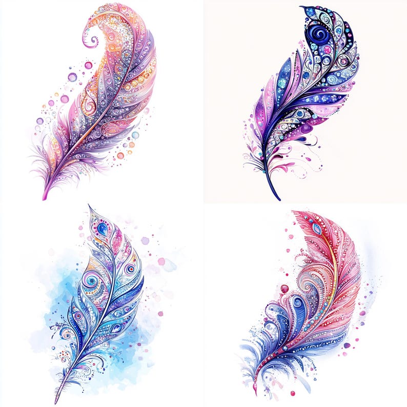 Whimsical Feathers Watercolor Clipart, Exotic Boho Feather Designs for ...