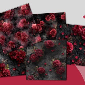 Dark Red Roses Digital Paper, Gothic Floral Seamless Backgrounds ...