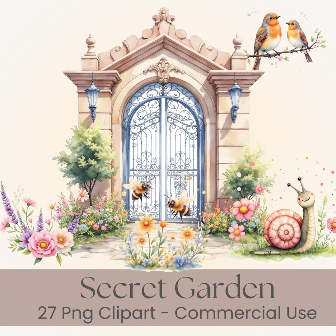 Secret Garden Clipart | 27 PNG Watercolor Garden Gate & Flowers ...