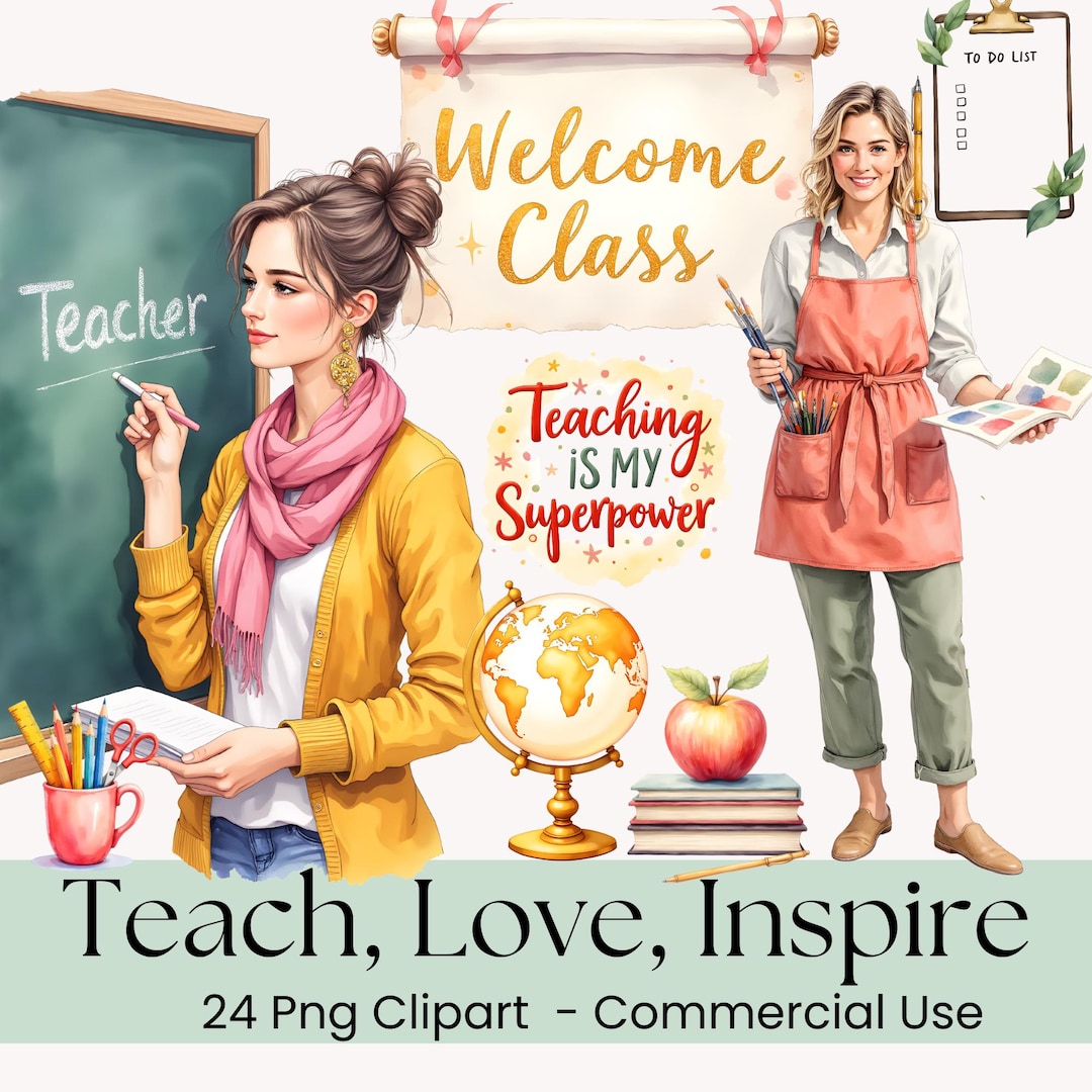 Teacher Clipart Bundle, Teaching PNG Set, Classroom Decor Clipart ...