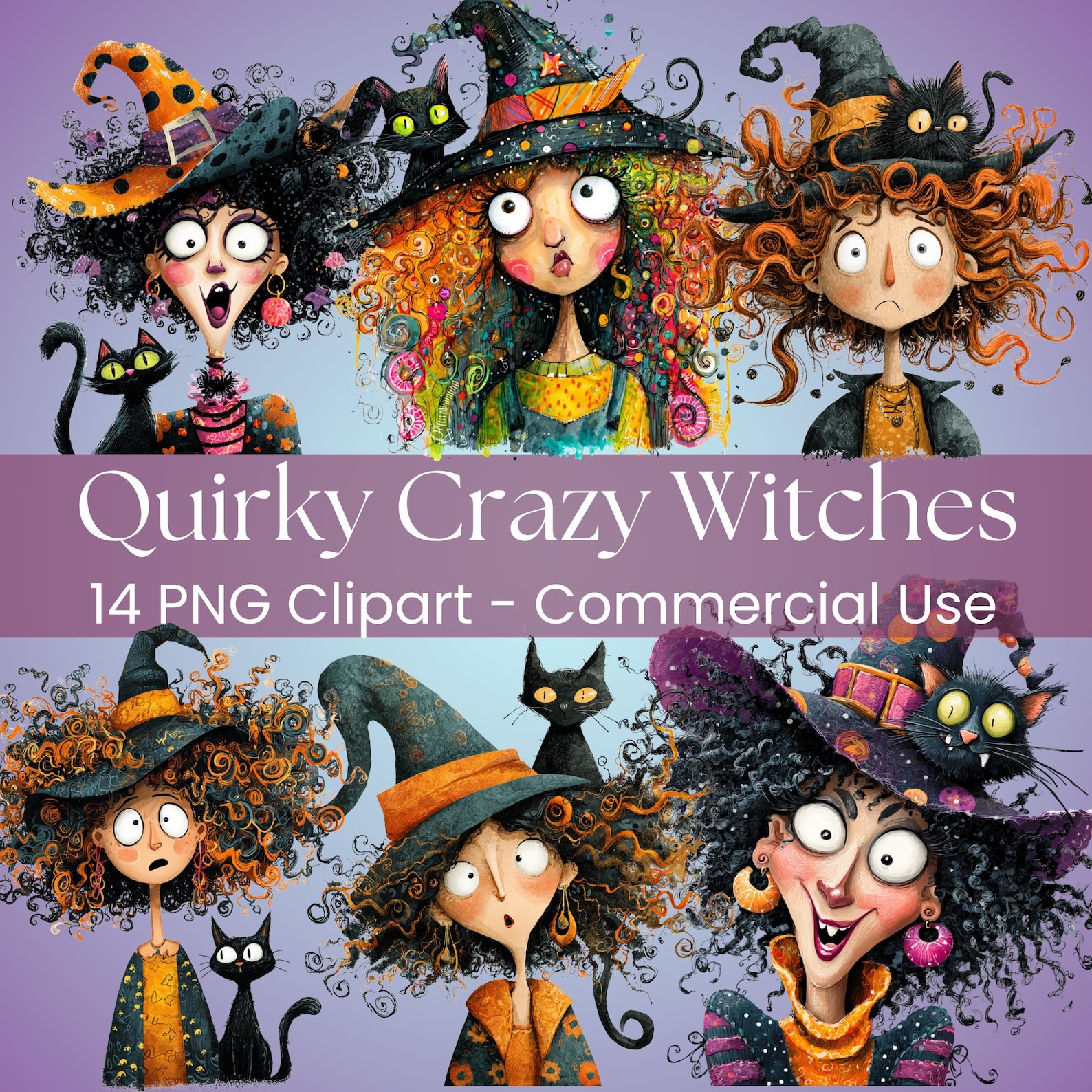 Quirky Witch Clipart PNG Bundle | 14 Funny Crazy Witches & Cats ...