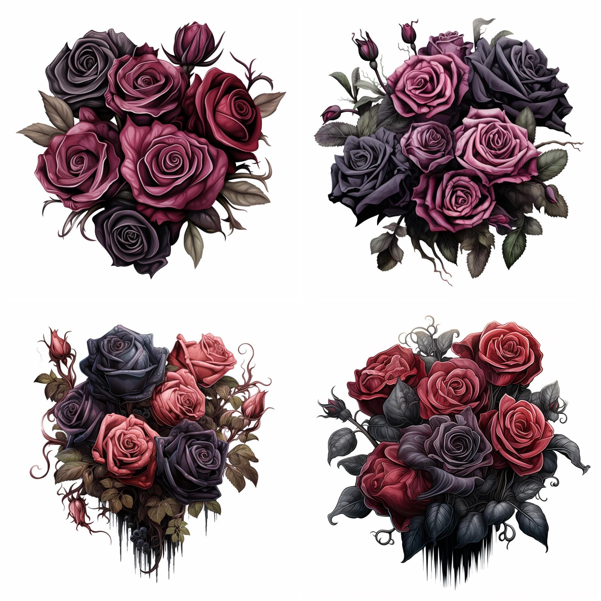 Gothic Halloween Flowers Watercolor Clipart, Dark Academia, Black Rose ...