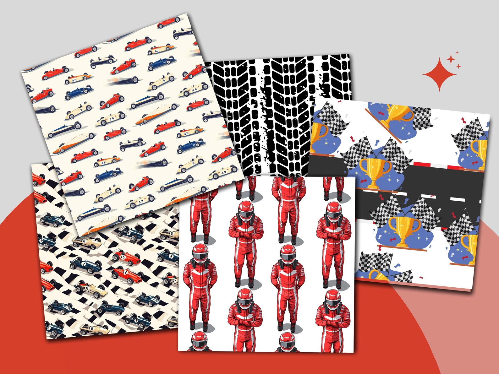 Race Car Seamless Pattern, Digital Paper for Scrapbooking, Vintage Car ...