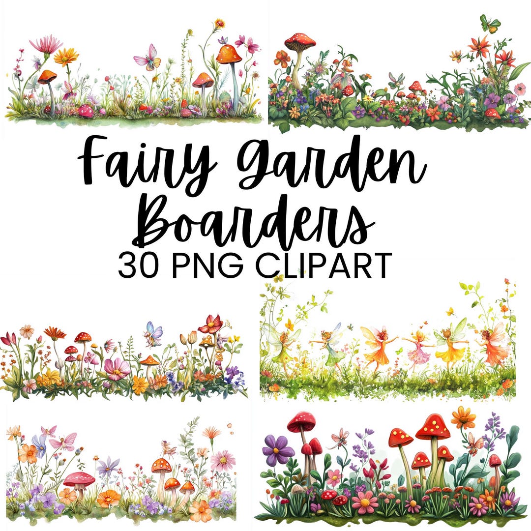 Fairy Garden Clipart Borders , Magical Watercolor Elements for Nursery ...