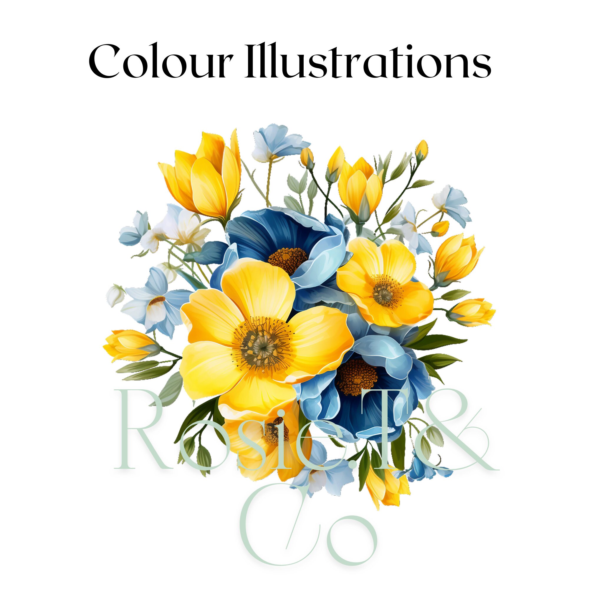 Yellow Blue Floral Clipart Illustration Yellow Blue Flower Spring ...
