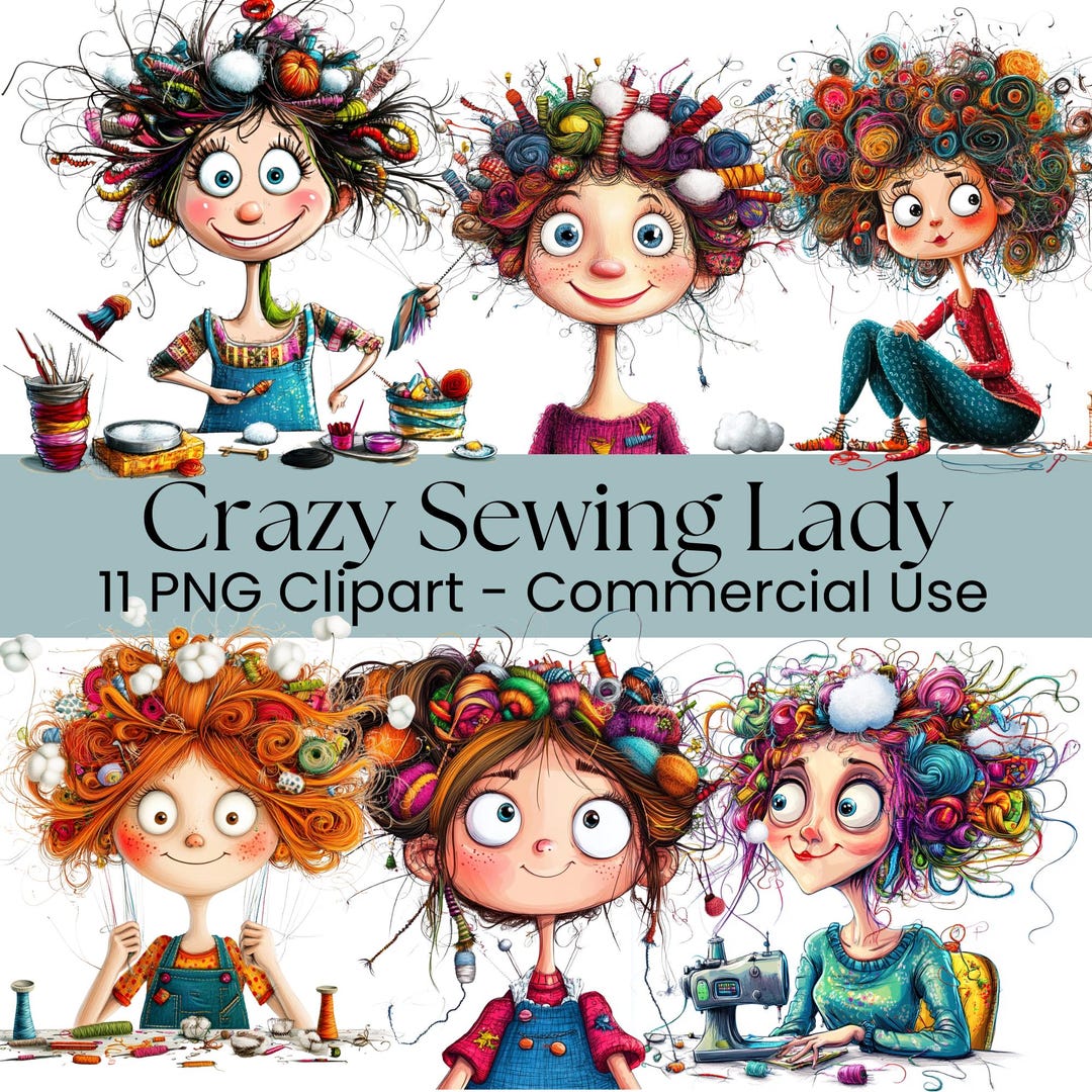 Quirky Sewing Lady Clip Art, Printable Watercolor Designs for Junk ...