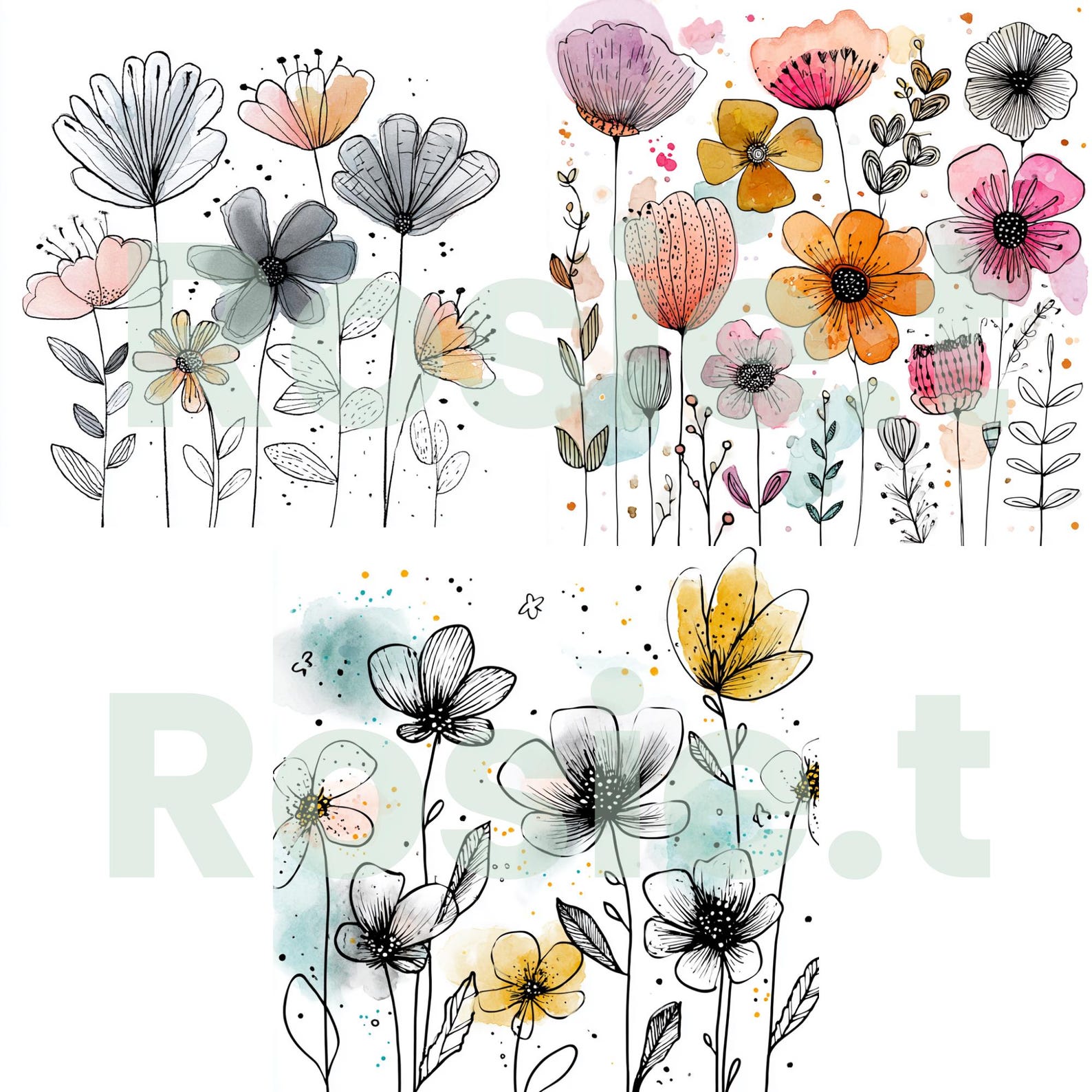Doodle Flower Clipart Set, Hand Drawn Floral Illustrations, Watercolor ...