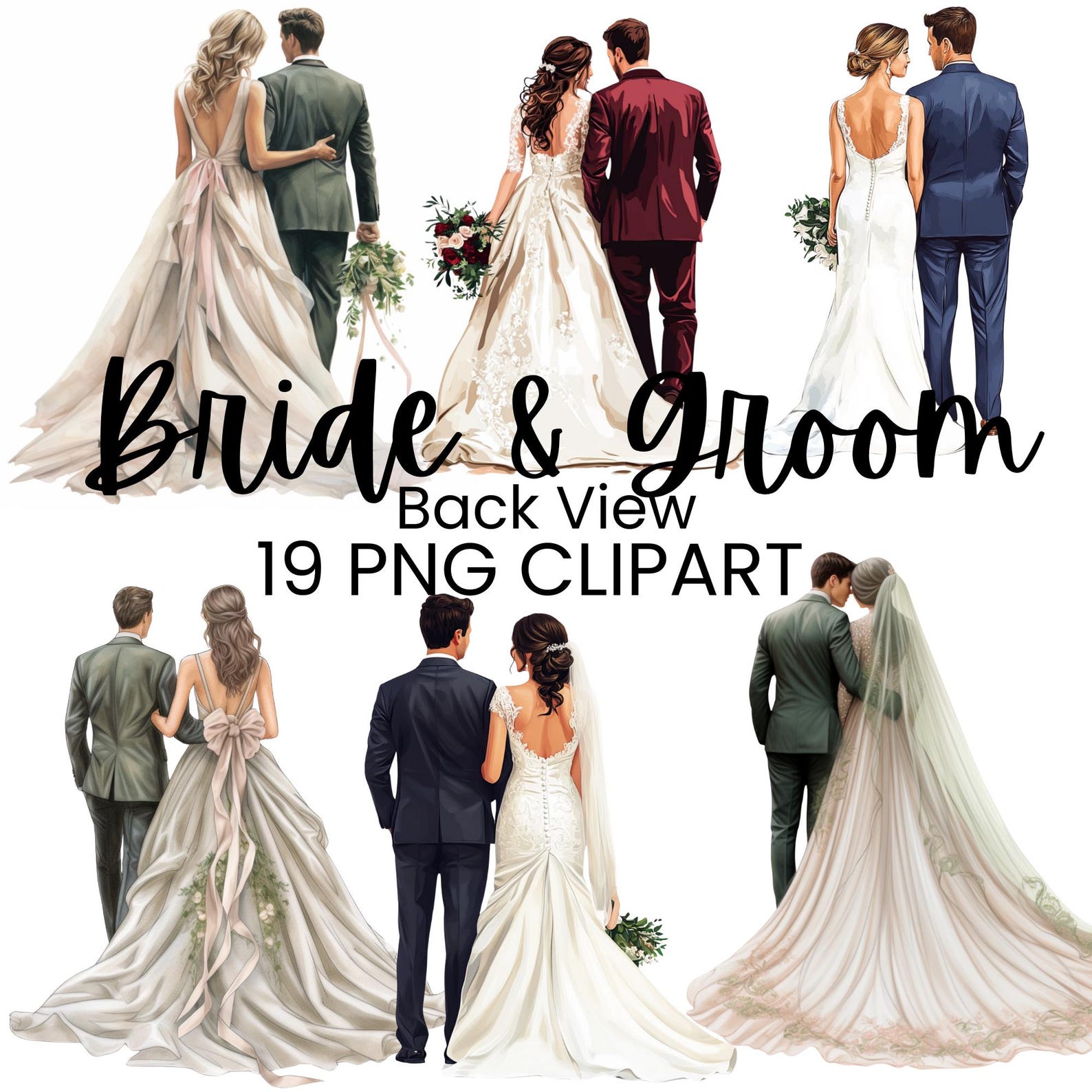 Bride and Groom Back View Clipart Bundle, Wedding Day PNG, Couples ...