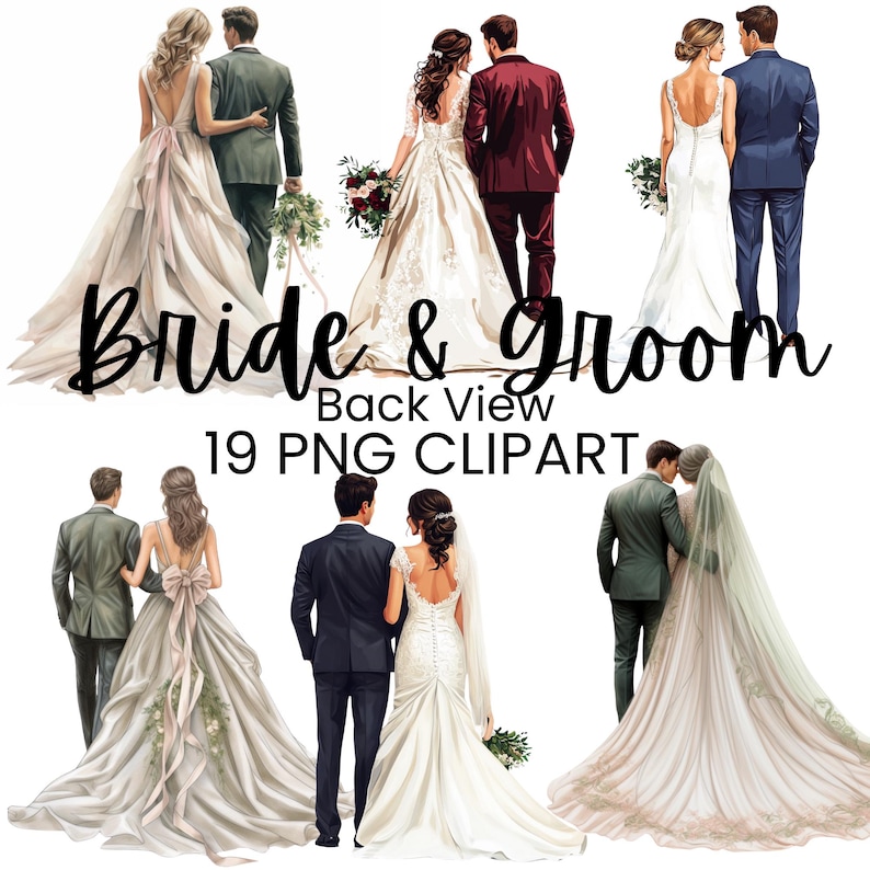 Bride and Groom Back View Clipart Bundle, Wedding Day PNG, Couples ...
