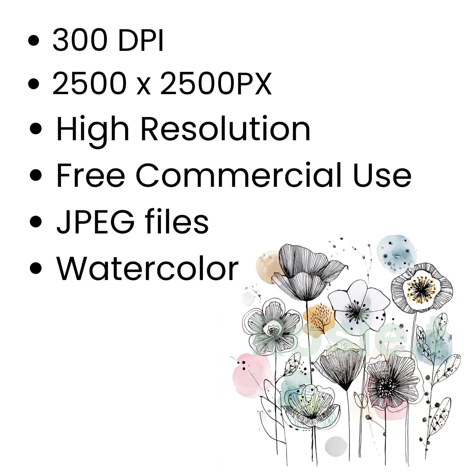 Doodle Flower Clipart Set, Hand Drawn Floral Illustrations, Watercolor ...