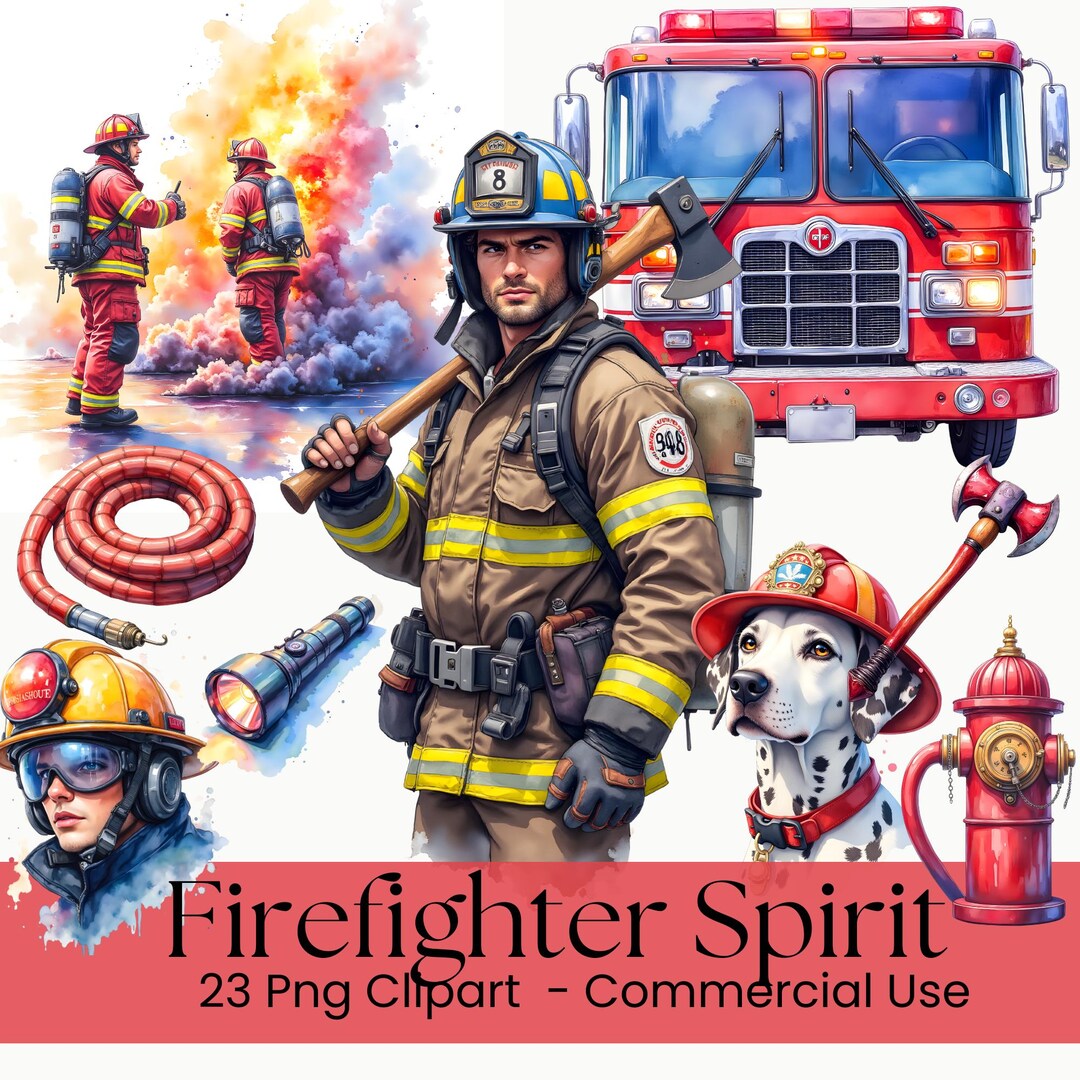 Firefighter Clipart Bundle, Fireman PNG Set, Fire Truck Dalmatian ...