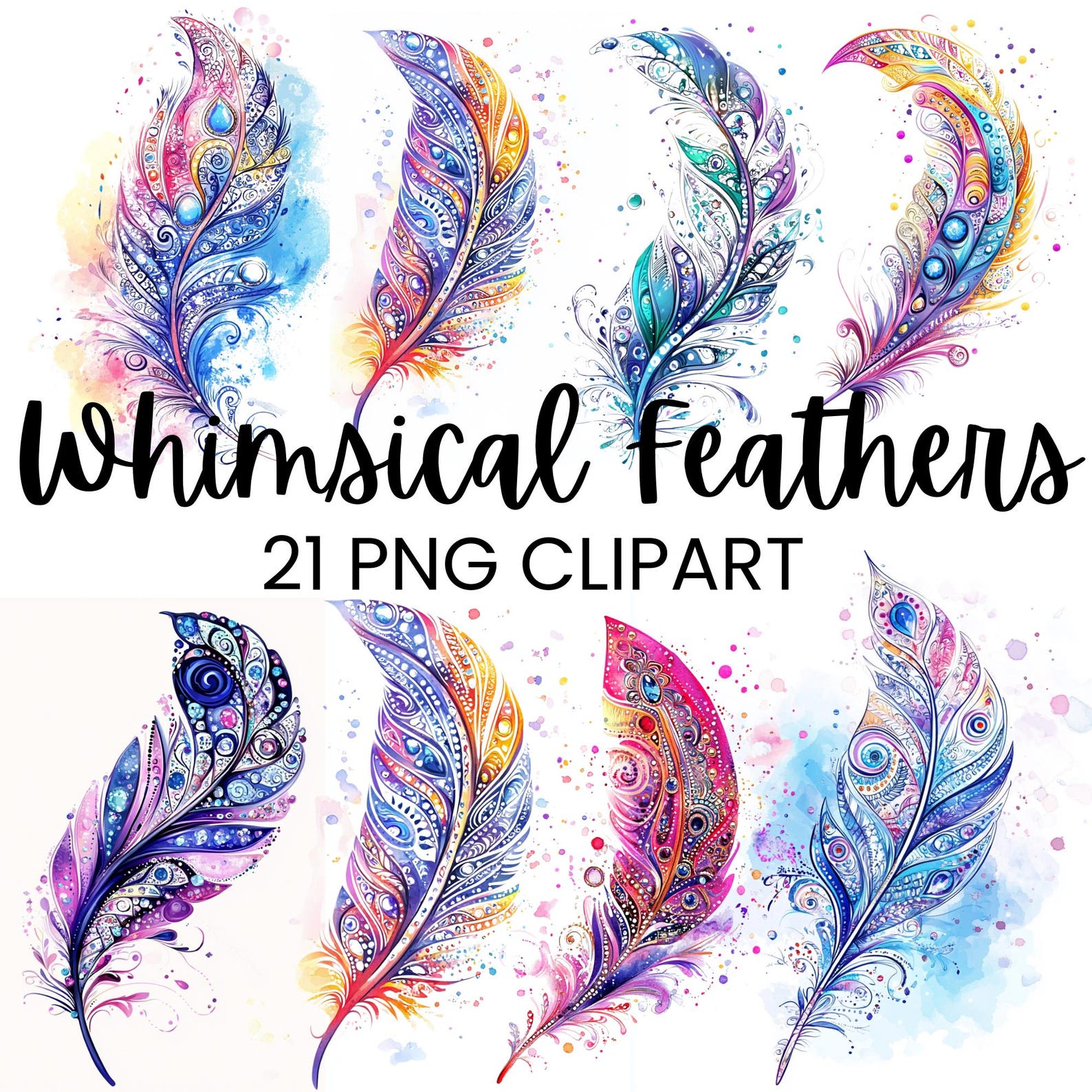 Whimsical Feathers Watercolor Clipart, Exotic Boho Feather Designs for ...
