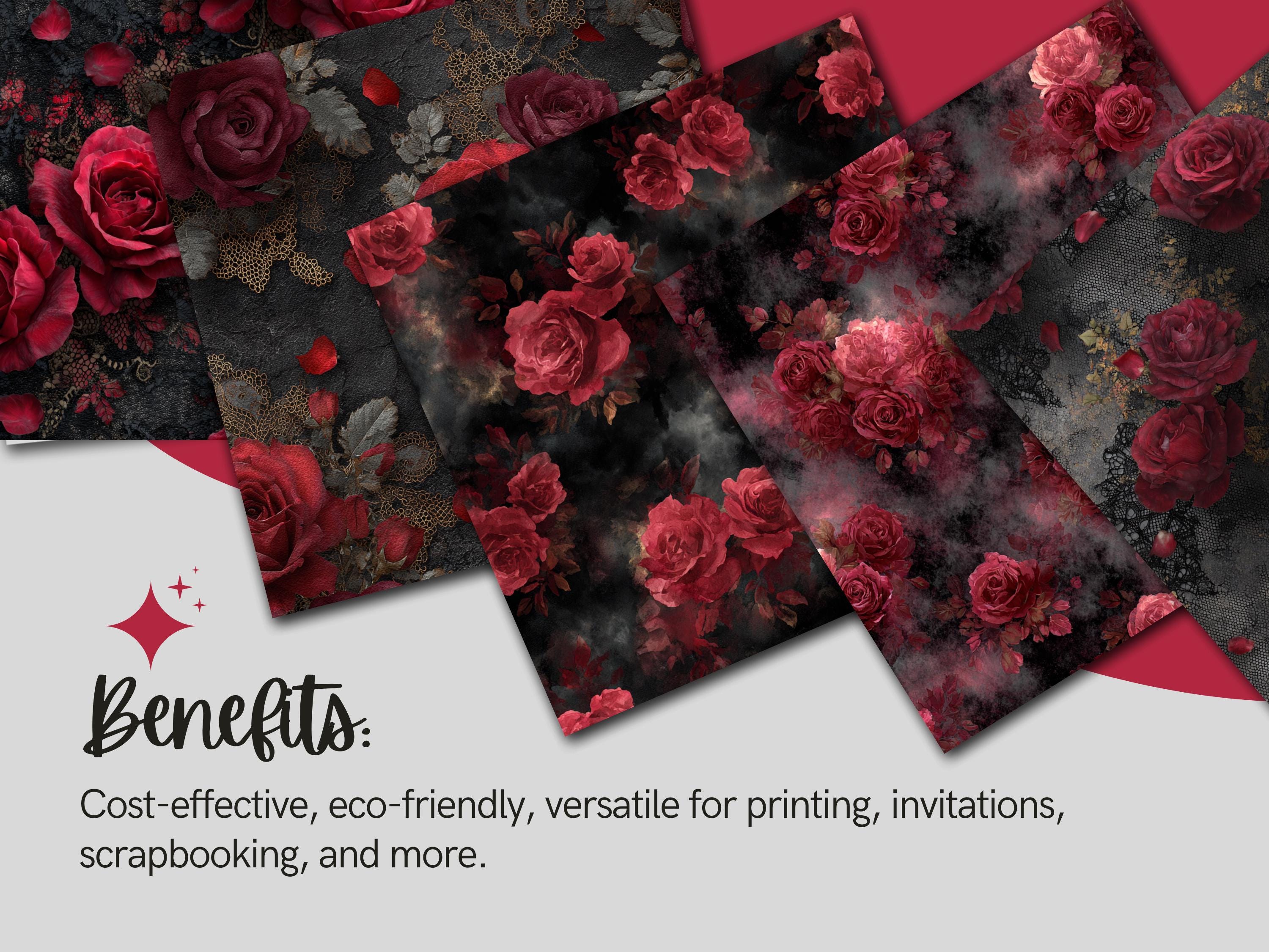 Dark Red Roses Digital Paper, Gothic Floral Seamless Backgrounds ...