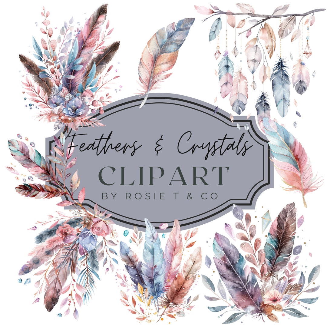 Boho Feather Crystal Clipart | Watercolor Feathers PNG, Bohemian ...
