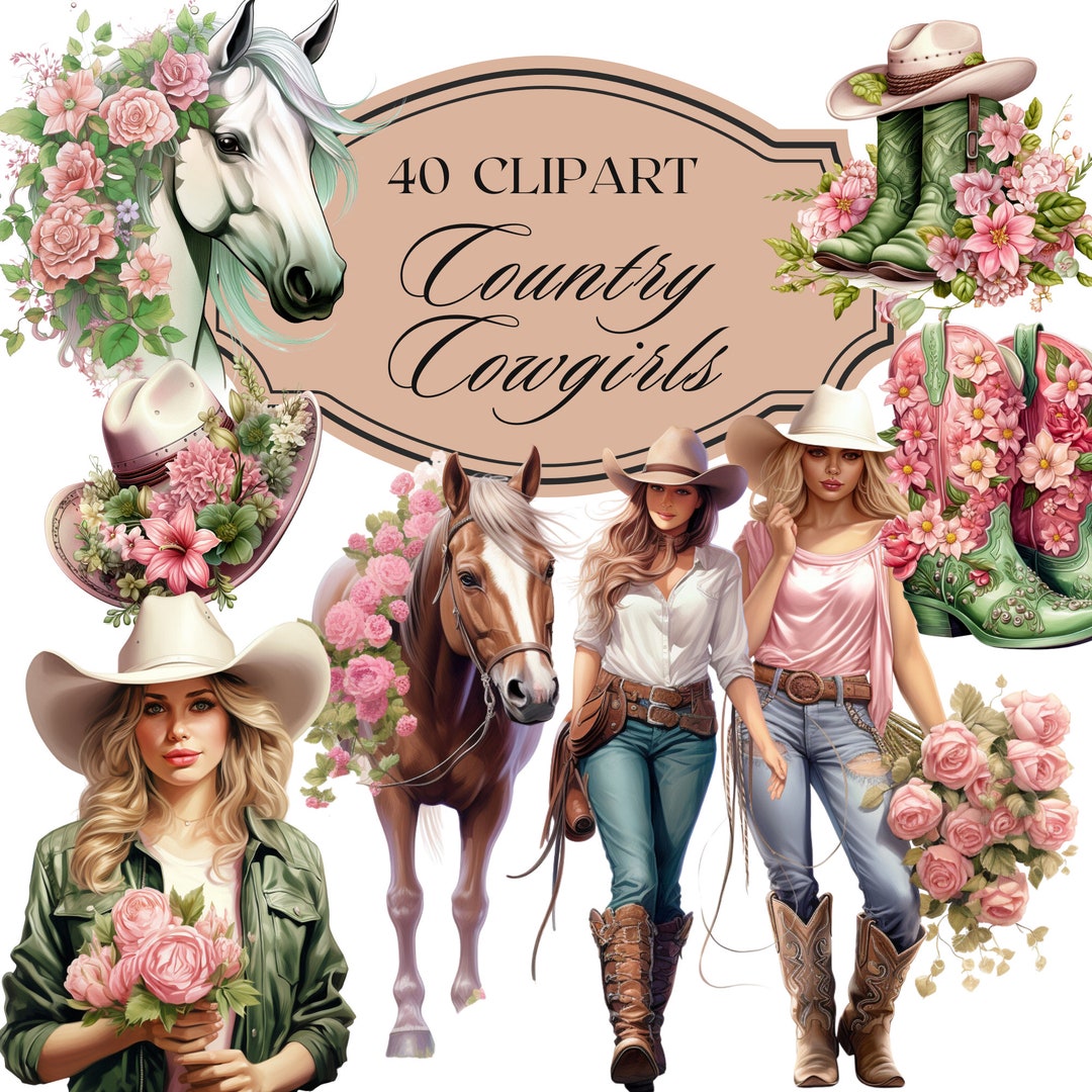 Pink Country Cowgirl Clipart Cowboy Boots PNG Illustrations Floral ...