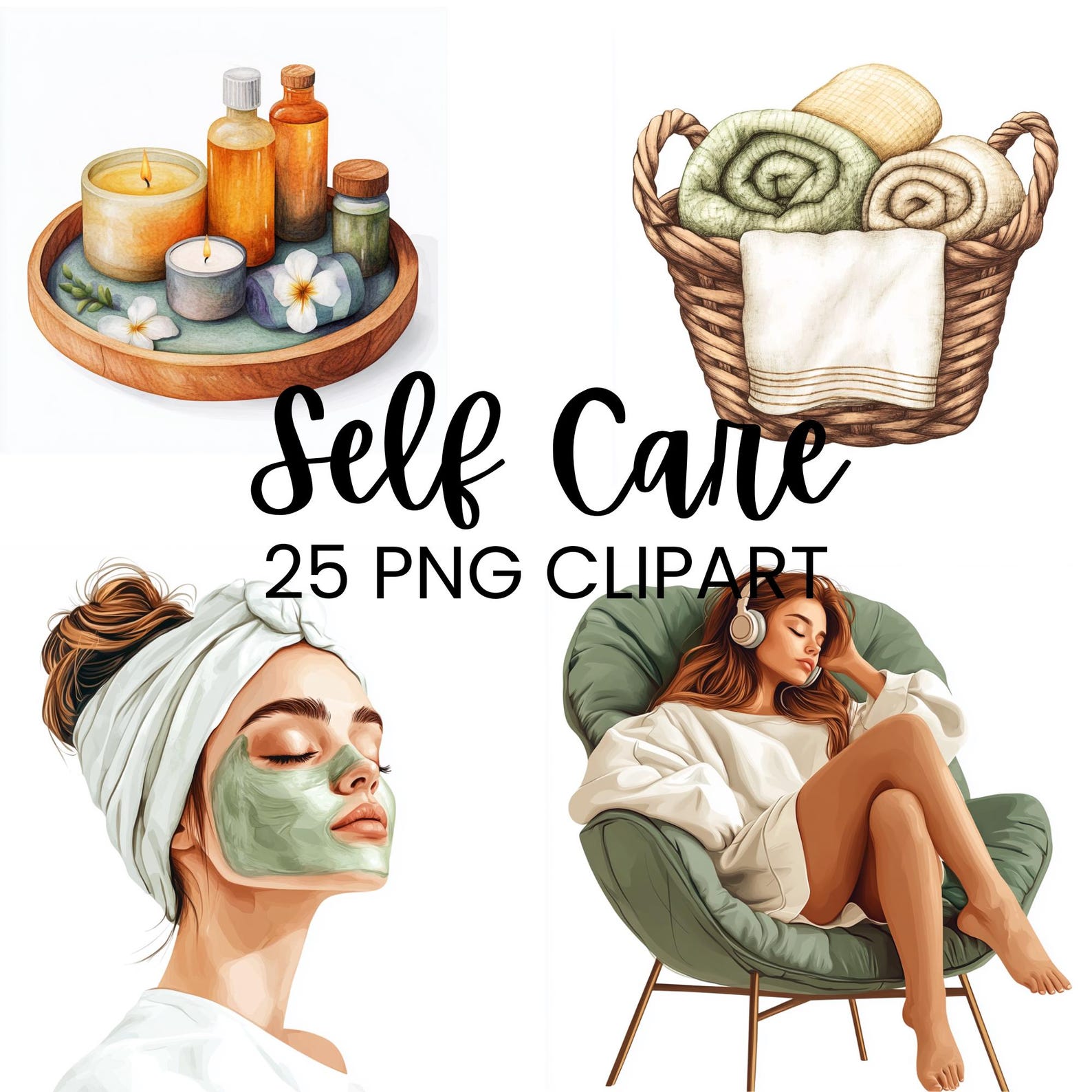 Self Care Watercolor Clipart, Self Care Kit, Self Love Club, Spa ...