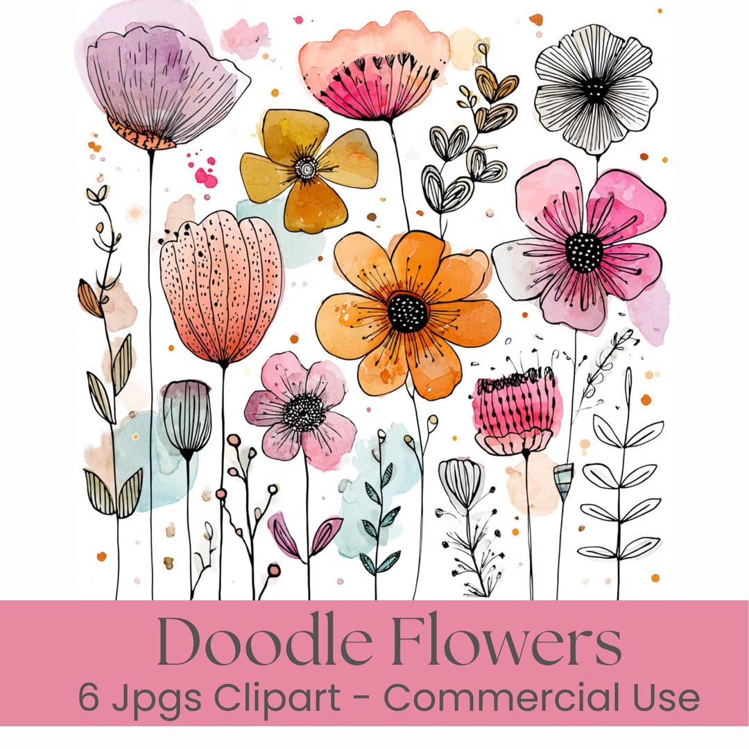 Doodle Flower Clipart Set, Hand Drawn Floral Illustrations, Watercolor ...