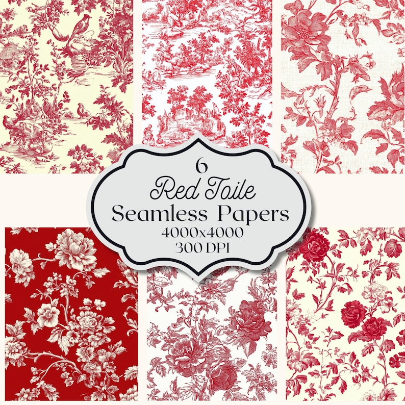 Red Seamless Pattern, Toile De Jouy, Digital Paper, Vintage Floral ...
