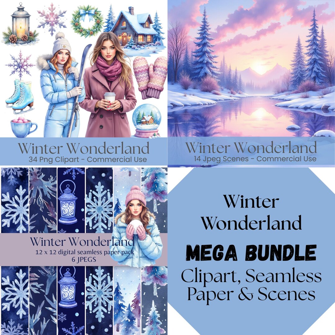 Winter Wonderland Clipart Bundle, Winter PNG & JPG Scenes, Seamless ...
