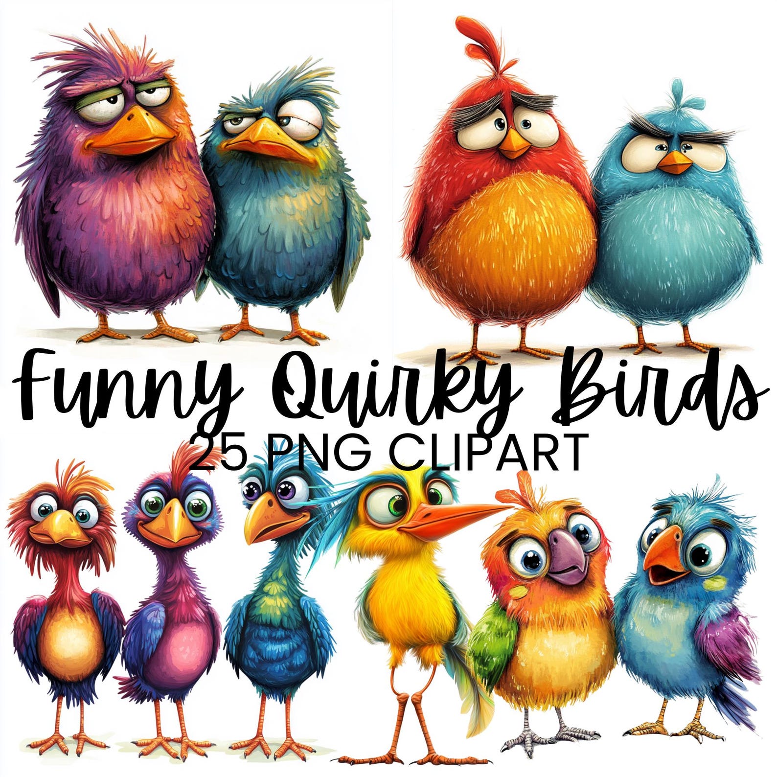 Funny Quirky Birds Clipart, Whimsical Bird Illustrations for Creative ...