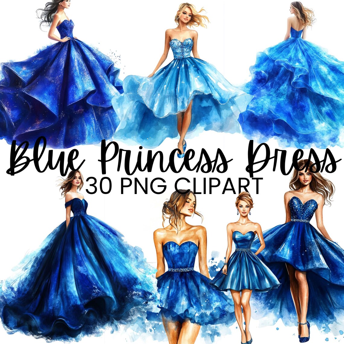 Blue Princess Dress Clipart - Watercolor Princess - Blue Prom Dress ...