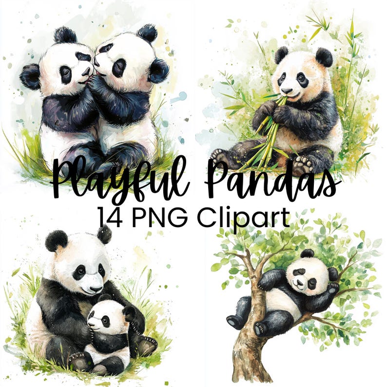 Panda Bear Clipart, Cute Watercolor Baby Panda, Digital PNG ...