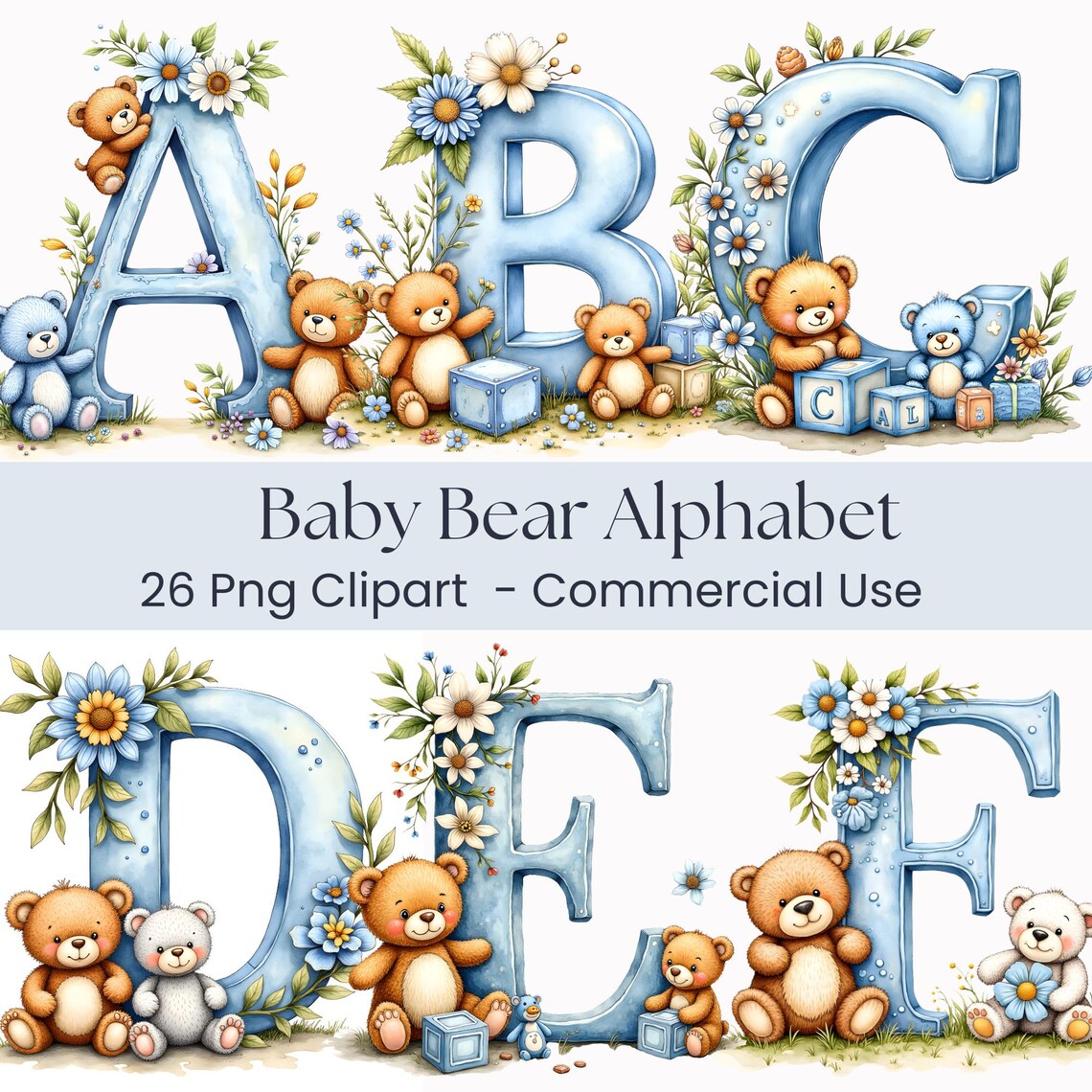 Baby Bear Alphabet Clipart PNG | Teddy Bear Letters A-Z | Nursery ...