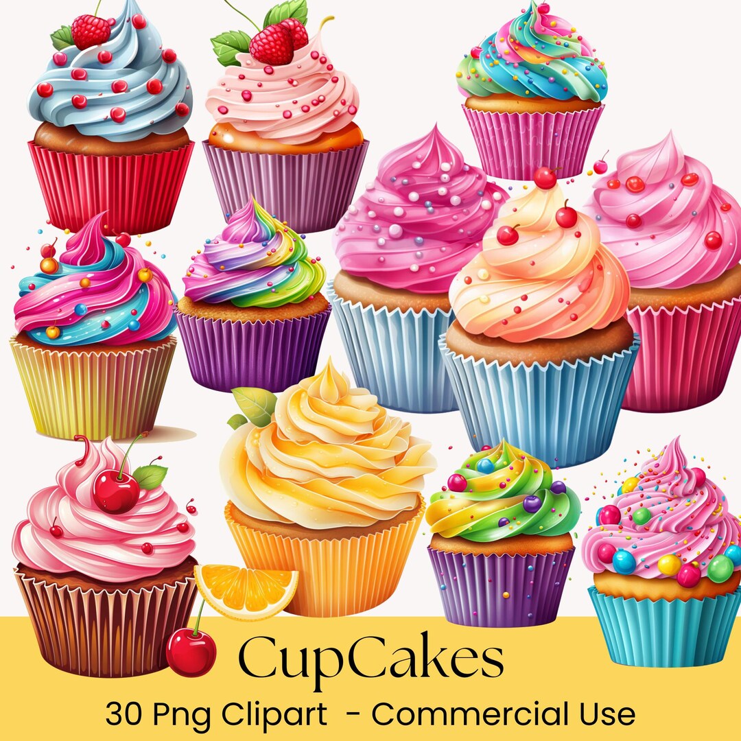 Birthday Cupcake Clipart, Colorful Cupcake PNG Bundle, Party Dessert ...