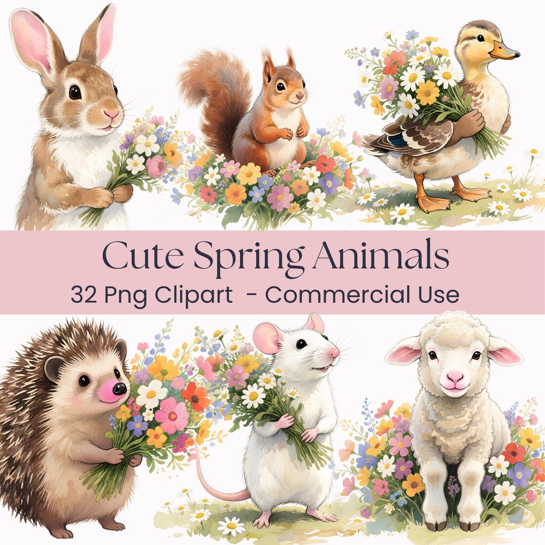 Spring Animals Clipart PNG Bundle, Bunny Duck Lamb Woodland Animal Clip ...