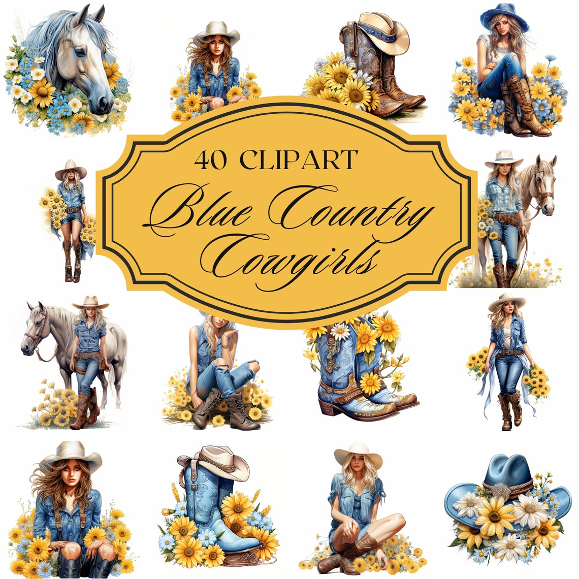 Country Cowgirl Clipart Cowboy Boots PNG Illustrations Floral Cowboy ...