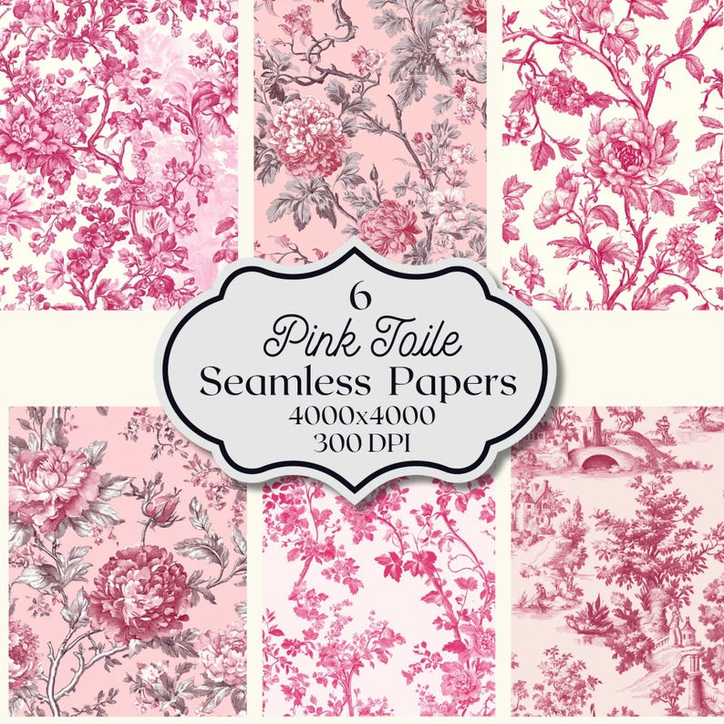Pink Toile De Jouy Digital Paper, Vintage Floral Patterns, Pink and ...
