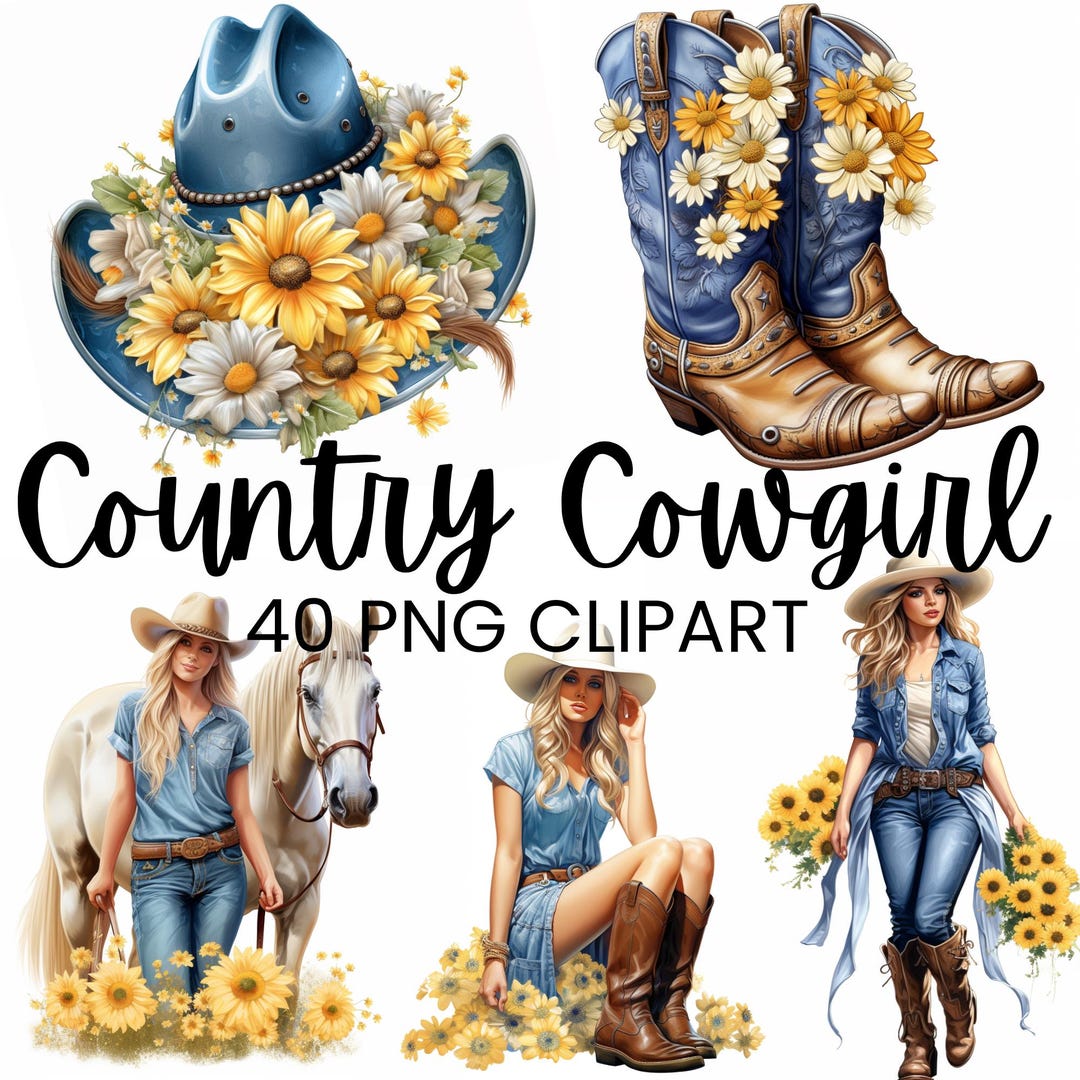 Country Cowgirl Clipart Set, Coastal Cowgirl Boots and Hat PNG, Floral ...