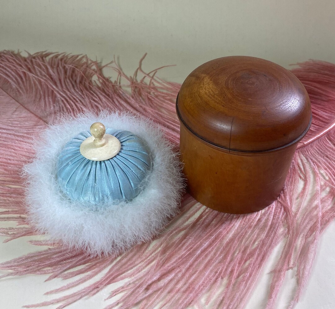 Vintage 1920s/20s 1930s/30s Wooden Treen POWDER POT & PUFF Boudoir ...