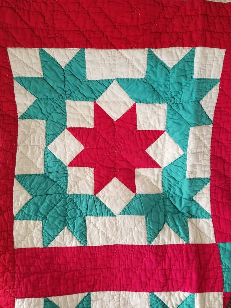 Handmade Quilt Star Teal Red Cream Hand Sewn Star Quilt Hand Stitched ...