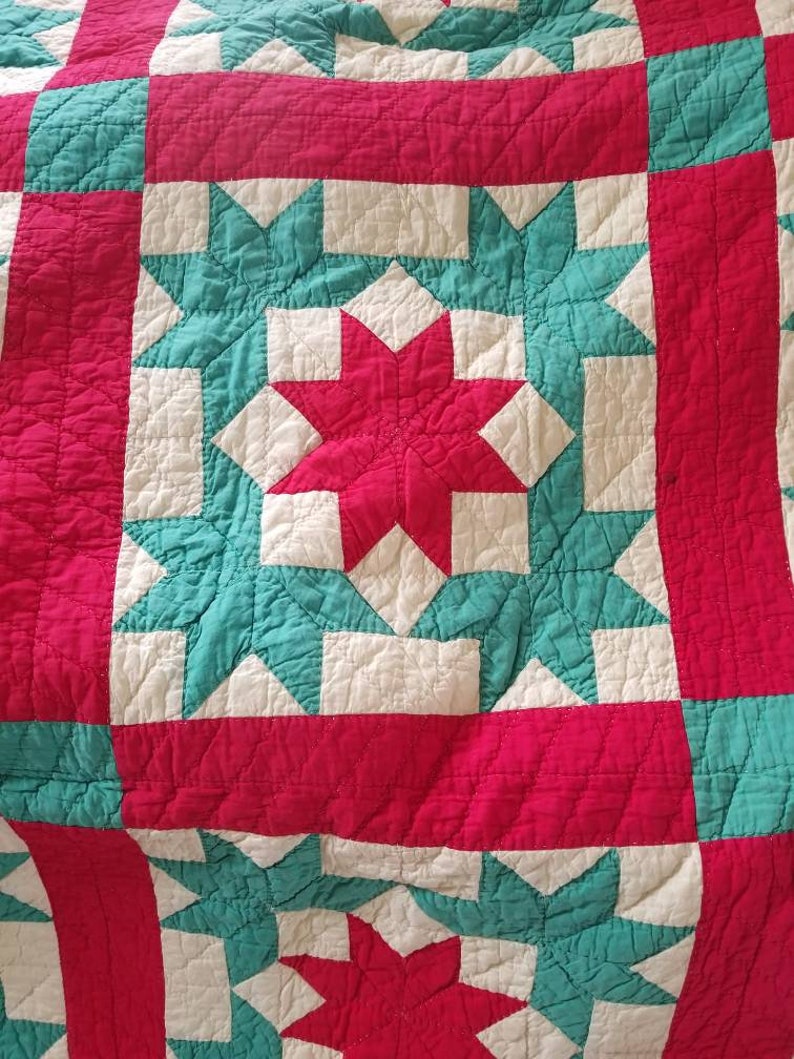 Handmade Quilt Star Teal Red Cream Hand Sewn Star Quilt Hand - Etsy