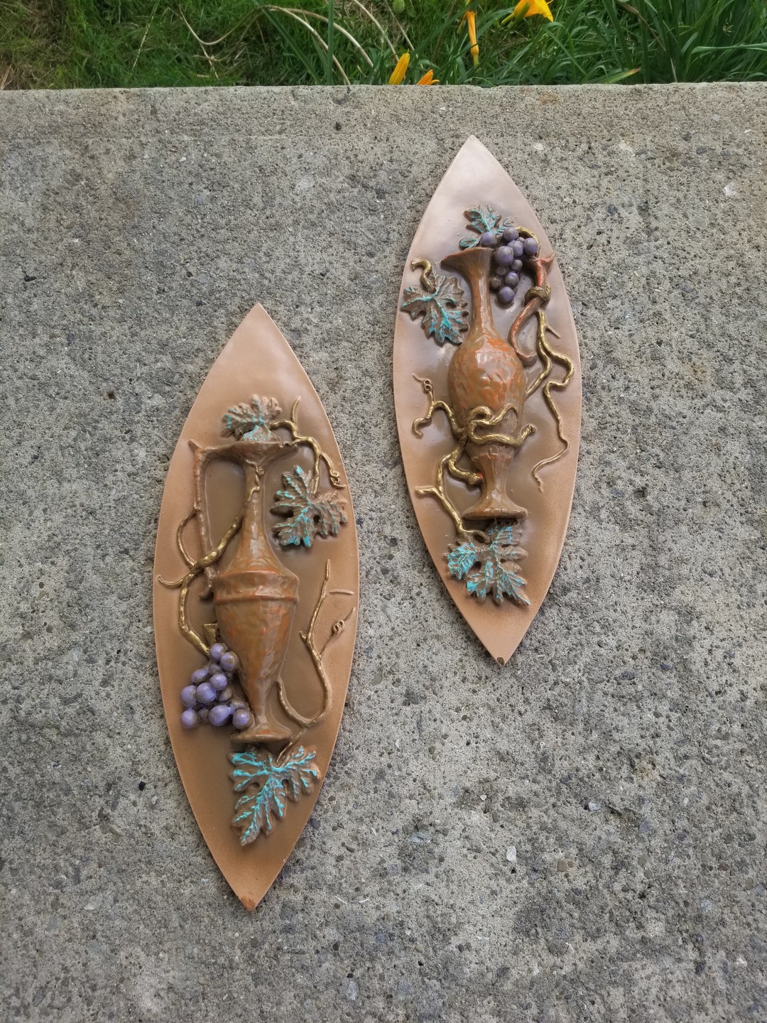 Set of 2 Vintage Chalkware Plaques Vase Vine and Grapes - Etsy