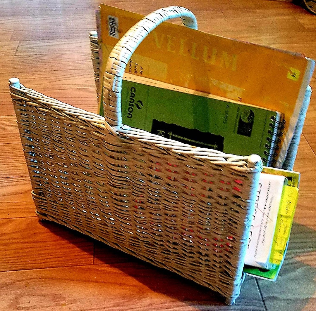 Vintage White Wicker Magazine Holder Basket Storage Container Shabby ...