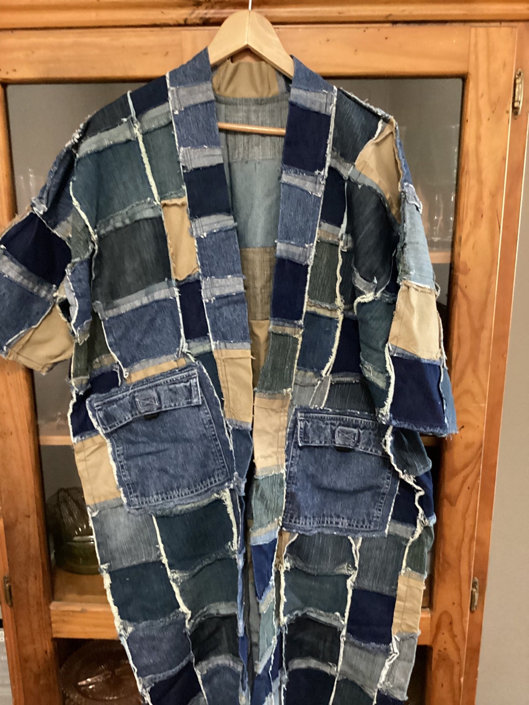 Patchwork Denim Oversized, Tattered, Frayed Edges Jacket, Patch Pockets ...