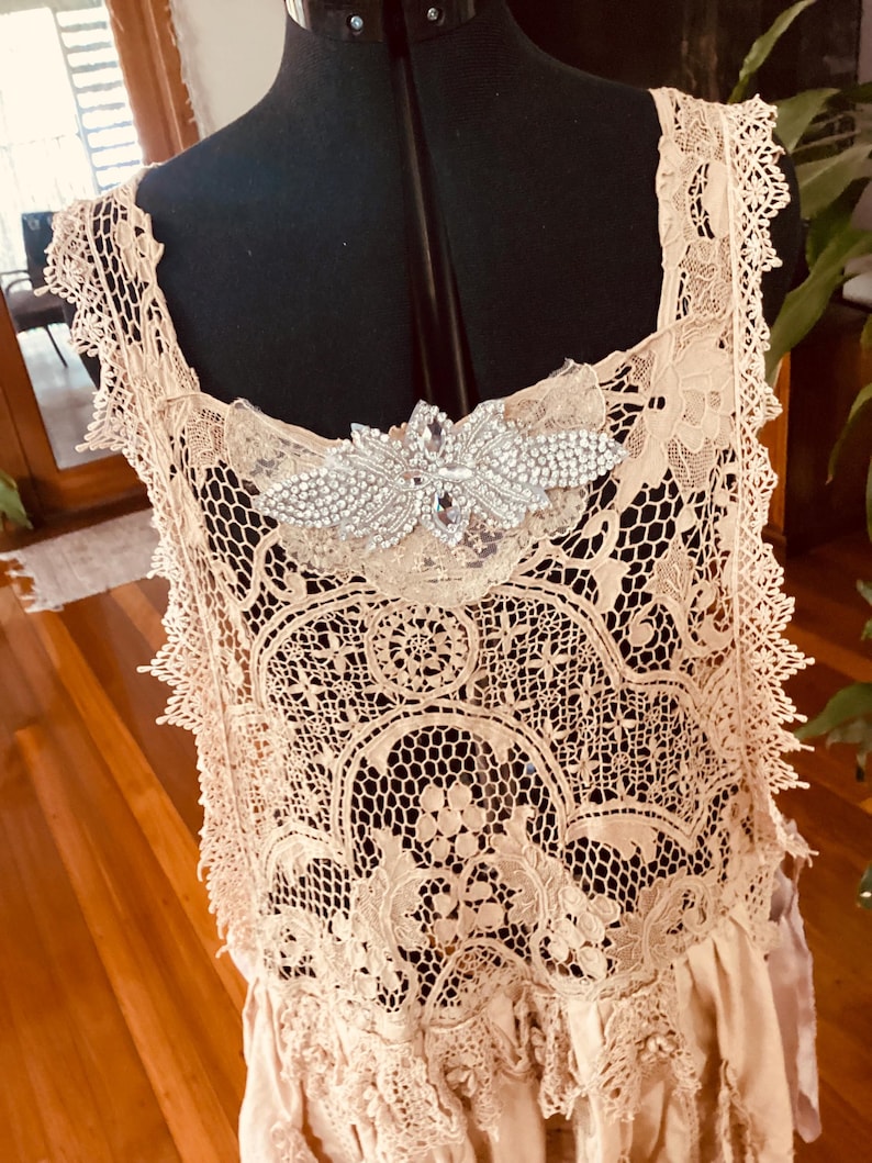 Warm Beige Magnolia Rose Art to Wear Cotton and Lace Apron Dress With ...