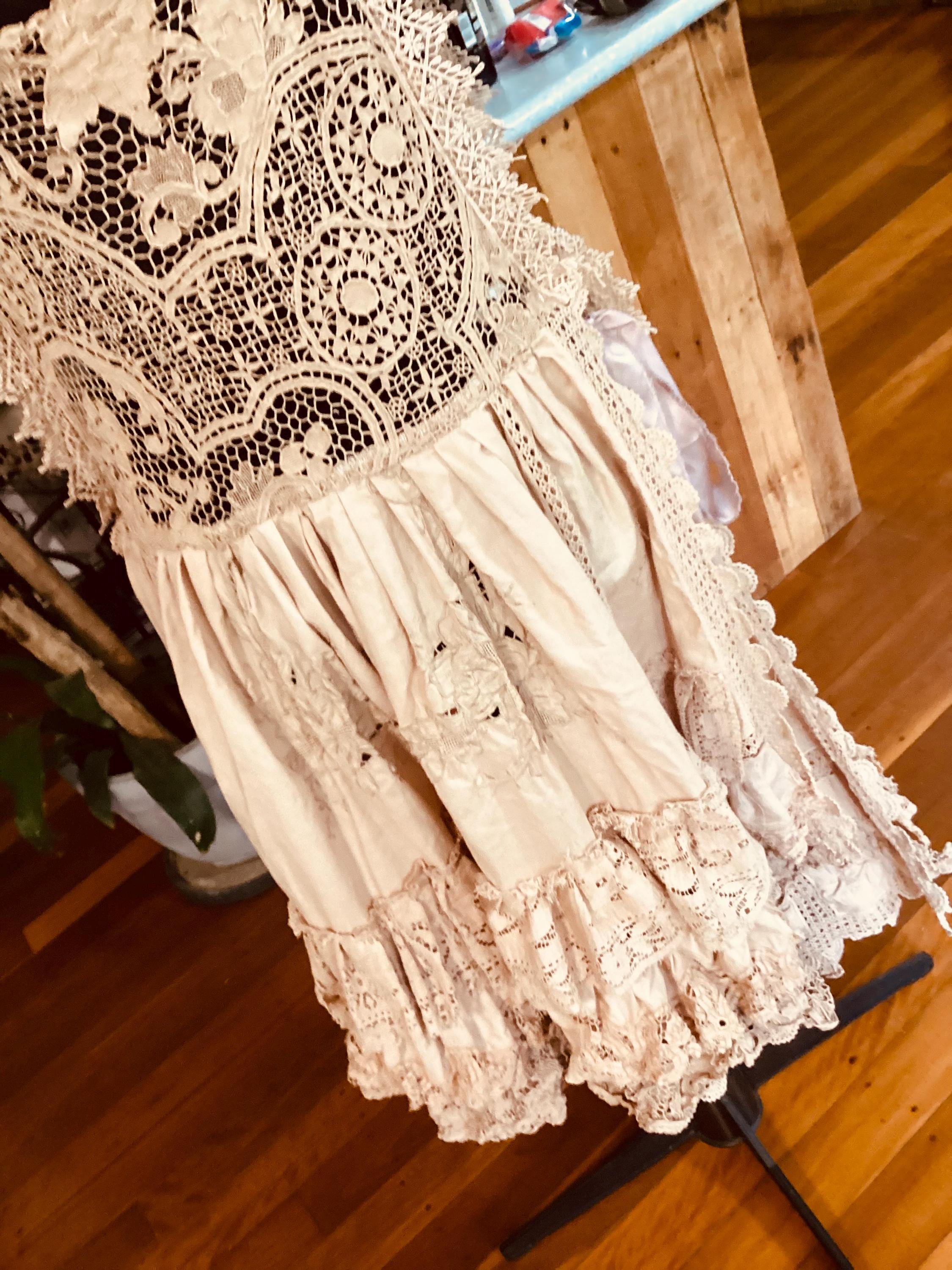 Warm Beige Magnolia Rose Art to Wear Cotton and Lace Apron Dress With ...