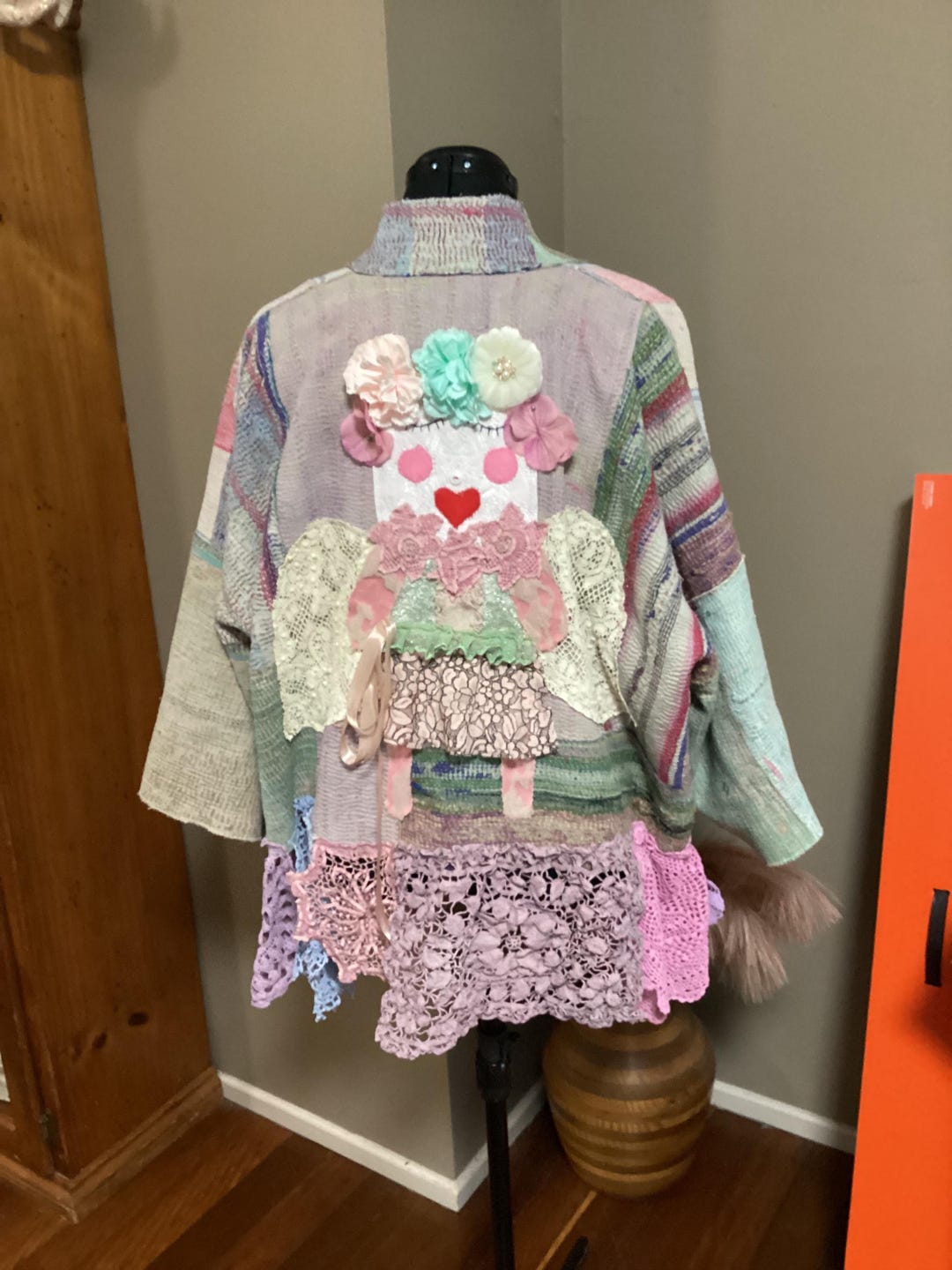 Angel Appliqué Magnolia Rose Art to Wear, Patchwork Kantha Quilt Jacket ...