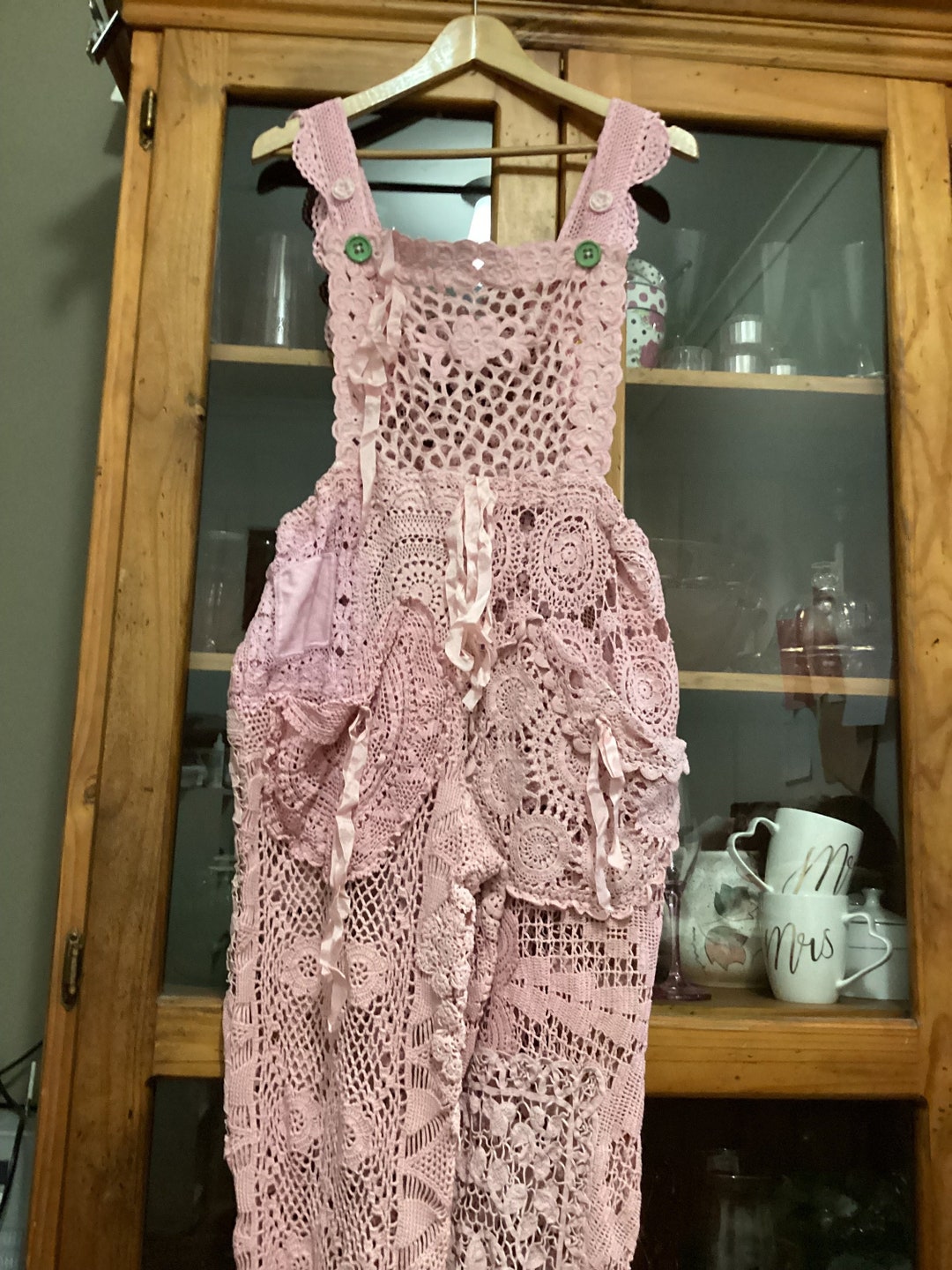 Rose Pink Magnolia Rose Crochet Overalls Adjustable Straps, Adjustable ...