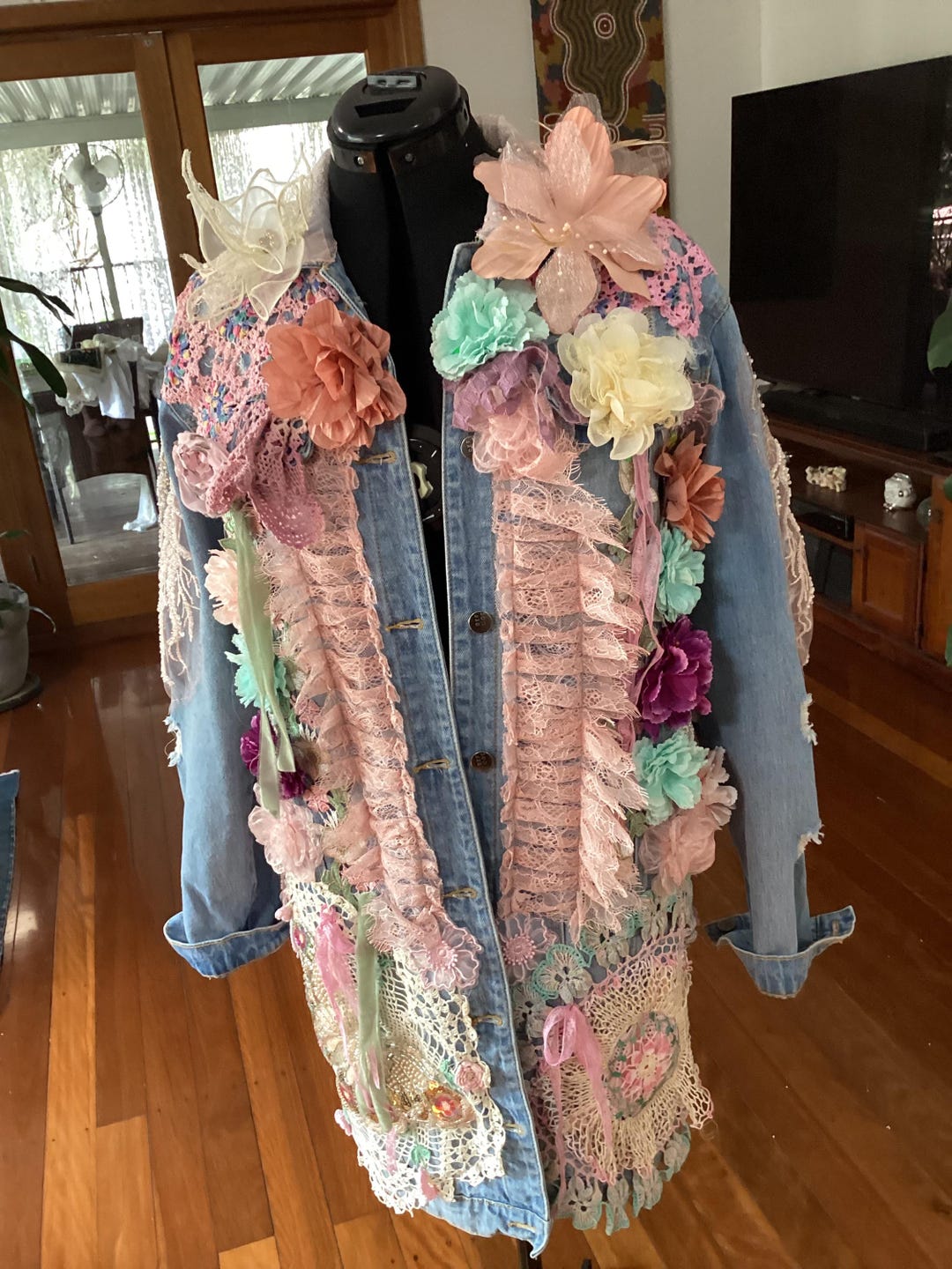 Boho Frayed Long Line Denim Jacket, Magnolia Rose Embellished Upcycled ...