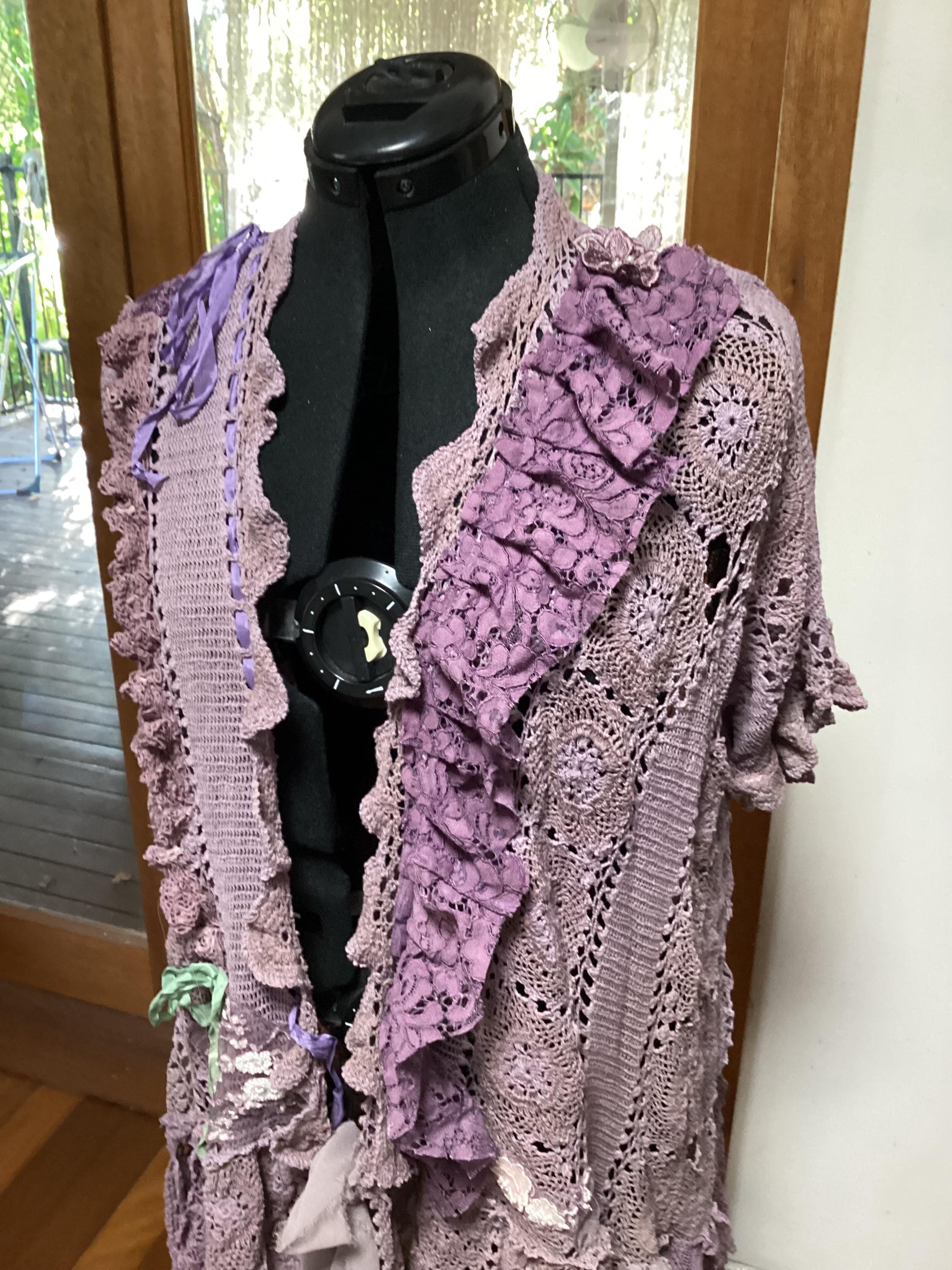 Dusky Purple Magnolia Rose Art to Wear Crochet Jacket, Fits Bust up to ...