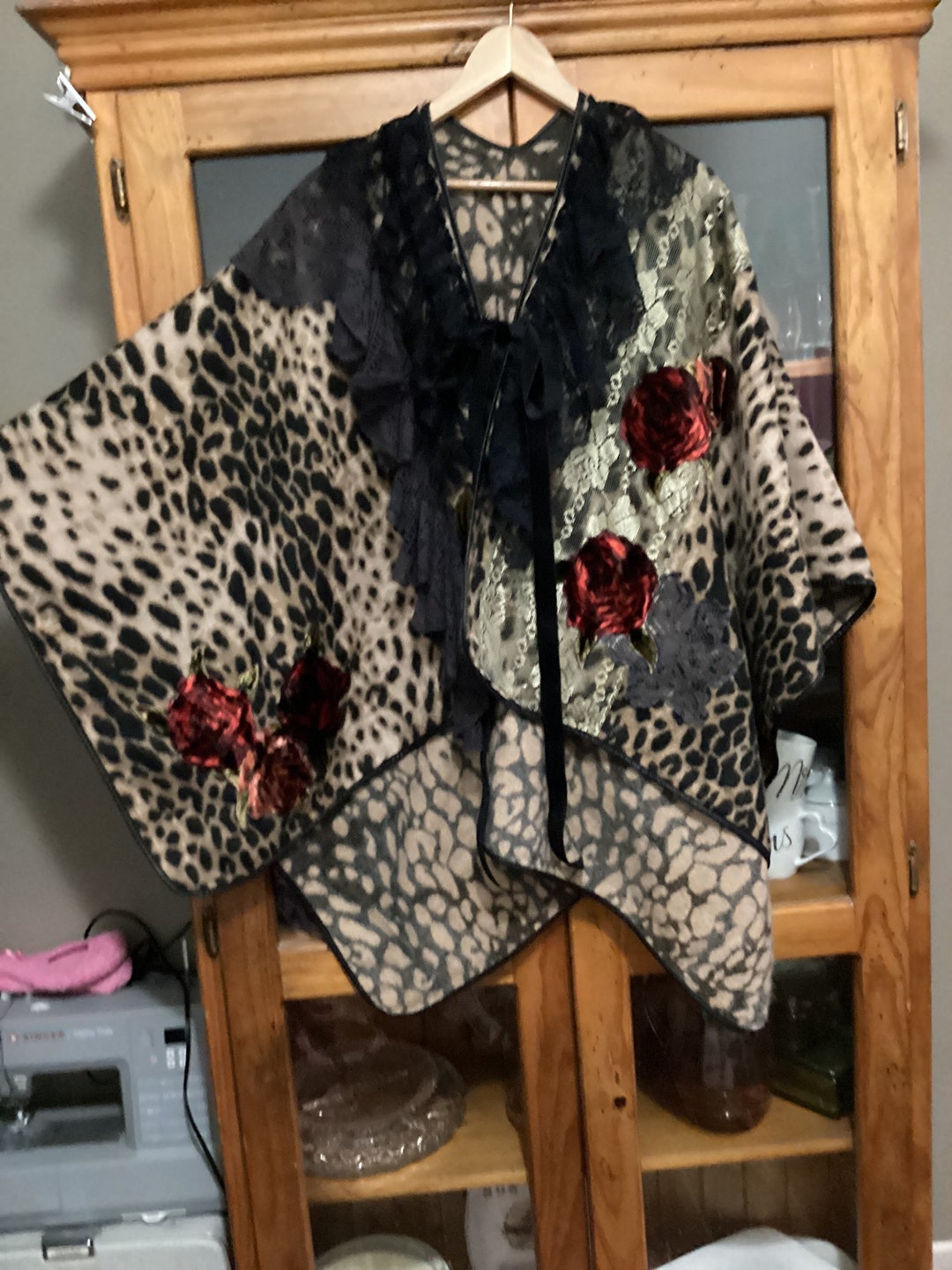 Black Tan Art to Wear Leopard Print Magnolia Rose Cape, Wrap, Throw ...