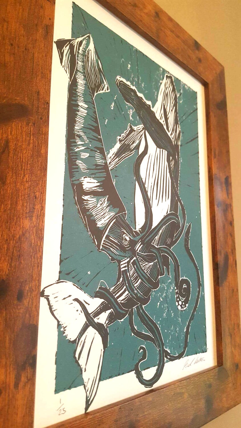 The Squid and the Whale Lino Print - Etsy
