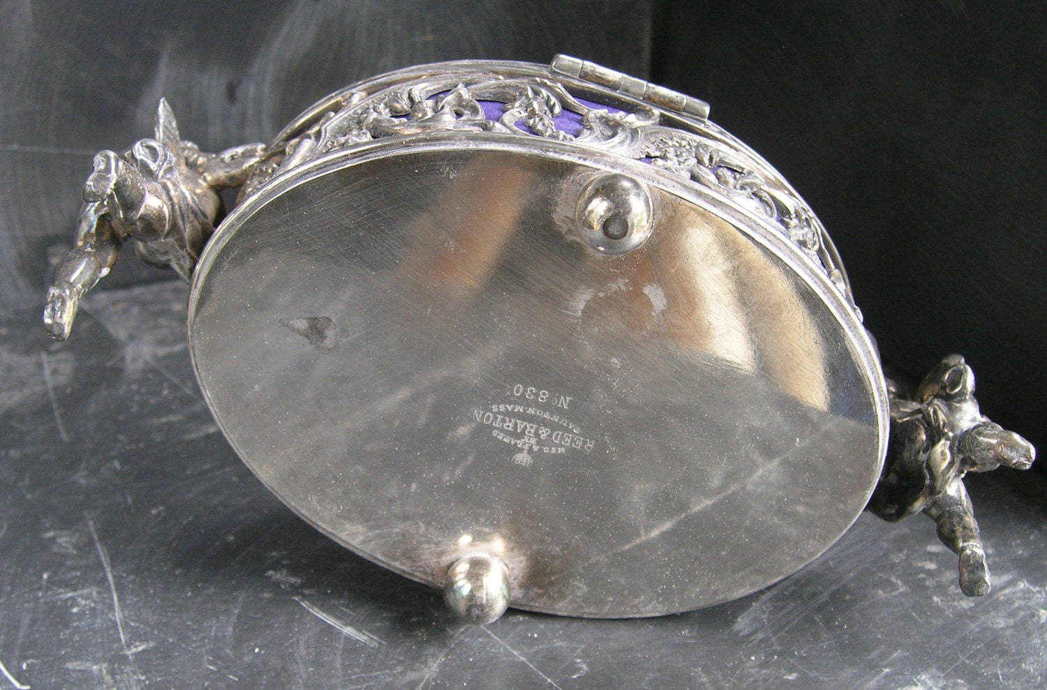 Elaborate Open Silverplate Jewelry Box With Purple Velvet Interior ...
