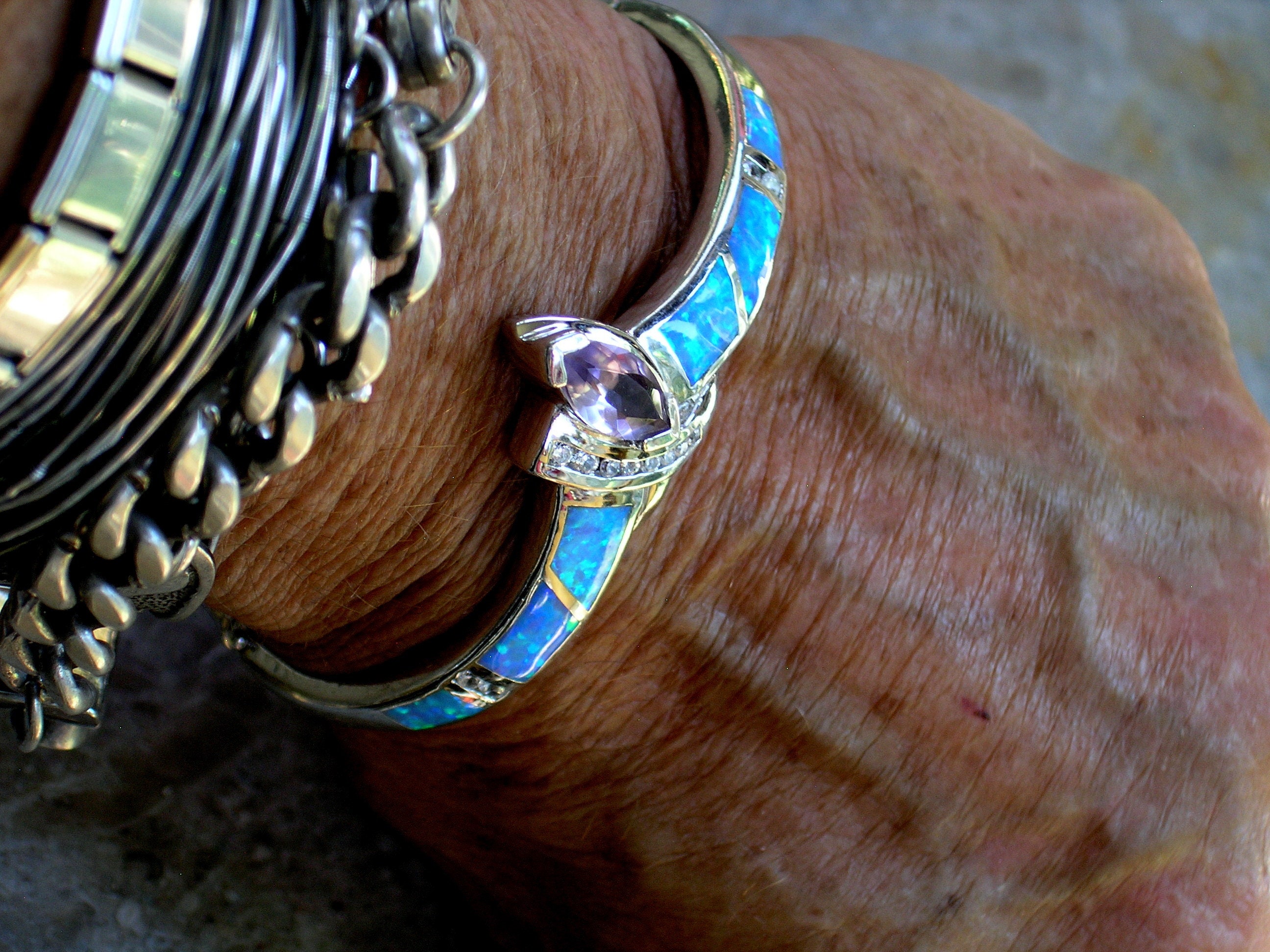 Stunning Hinged Signed AK Bracelet Signed AK Sterling,, Fire Opla ...