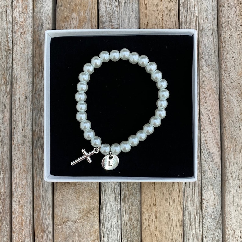 First Holy Communion Beaded Initial Bracelet Personalized | Etsy