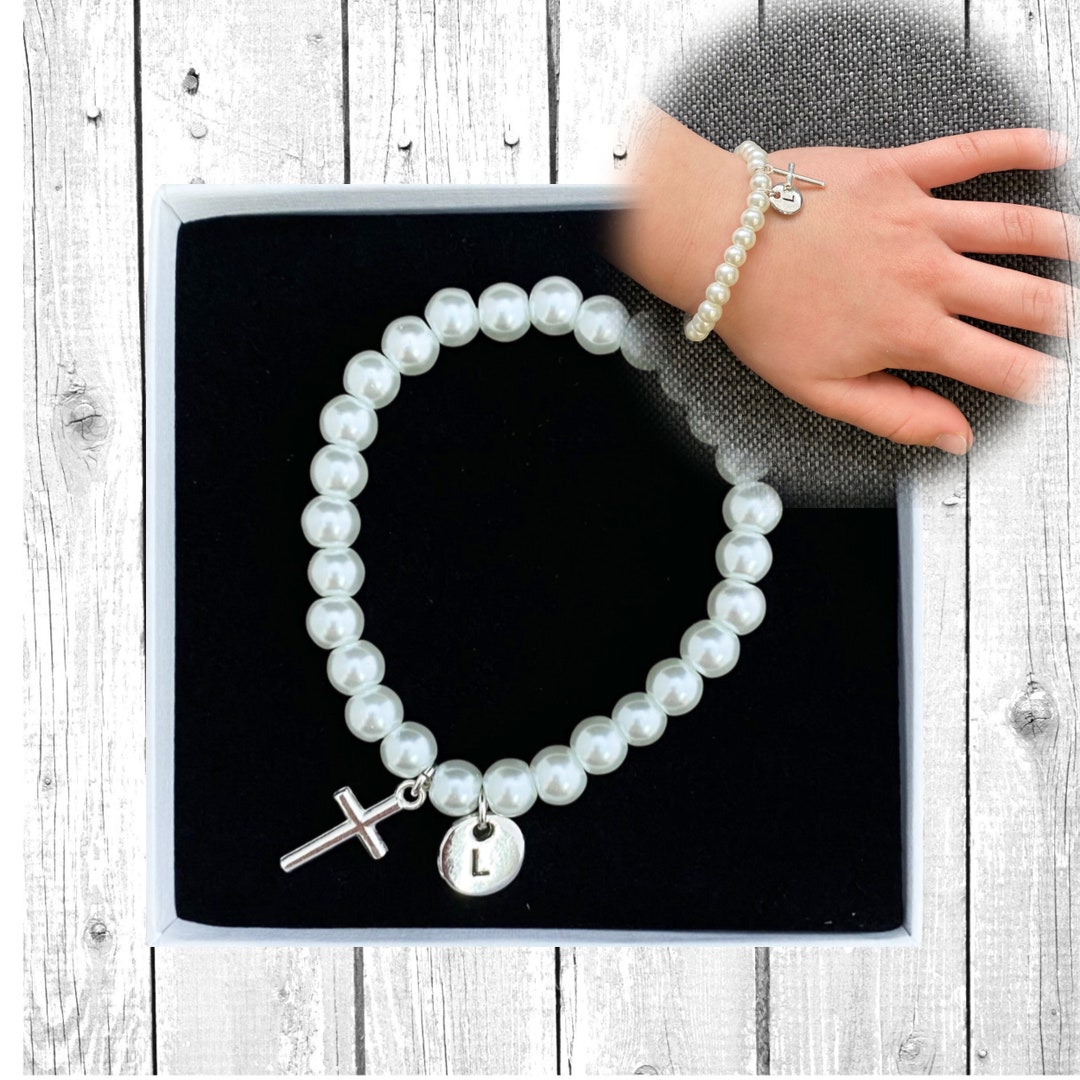 First Holy Communion Beaded Initial Bracelet- Personalized Religious ...